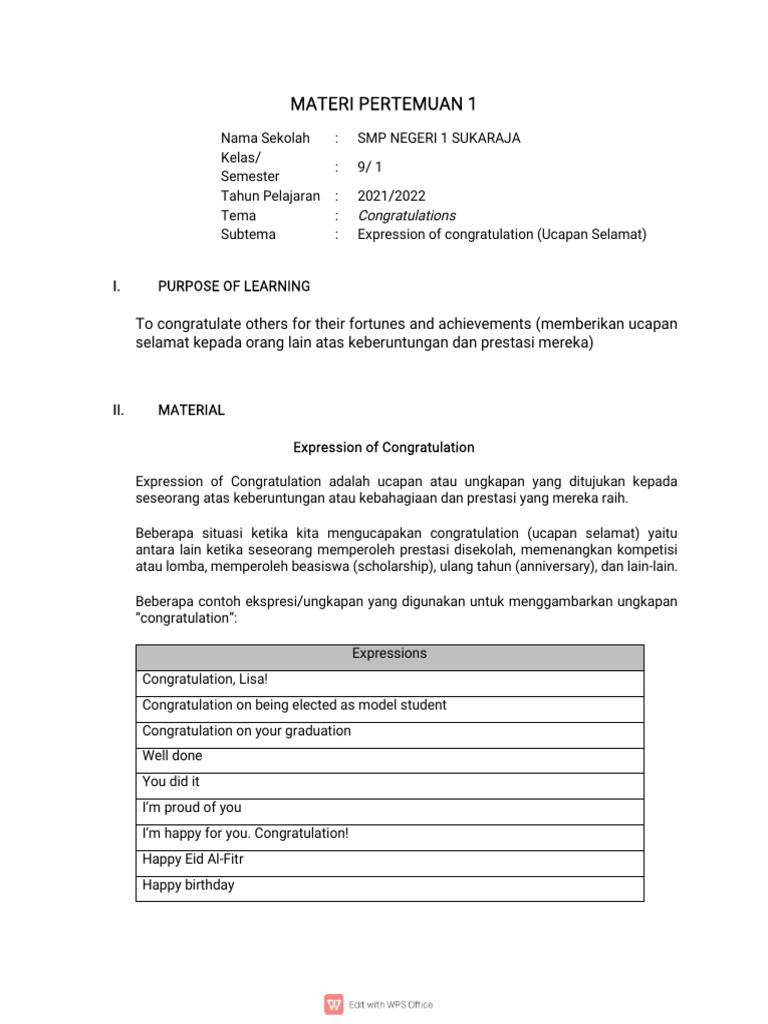 Materi Pertemuan 1 Congratulations | PDF
