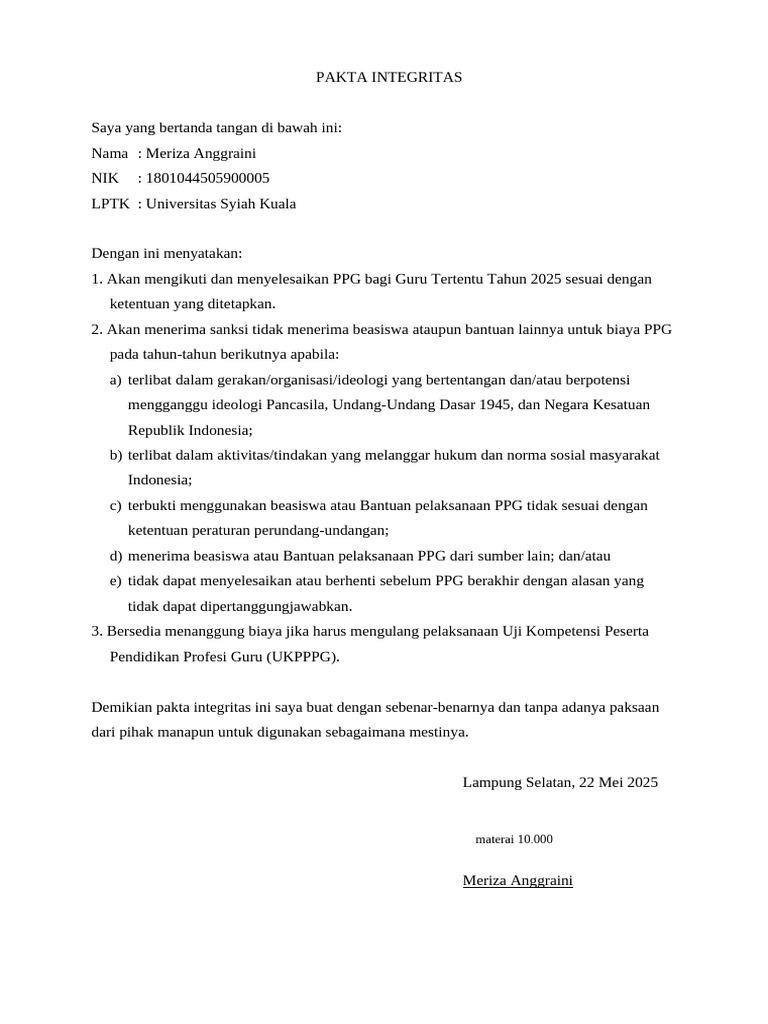 Pakta Integritas Piloting MERIZA | PDF