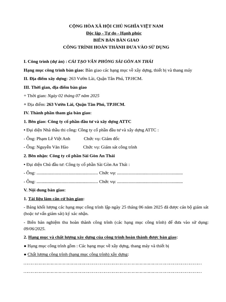 Mau Bien Ban Ban Giao Cong Trinh Hoan Thanh Dua Vao Su Dung | PDF