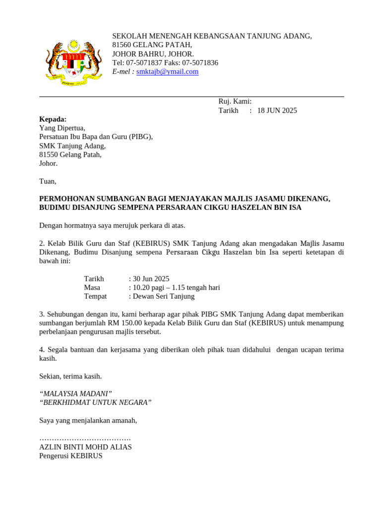 Surat Sumbangan Majlis Persaraan Pibg | PDF