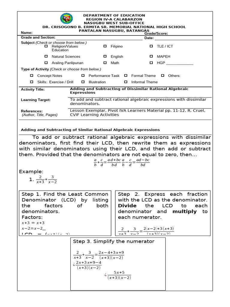 Las Addition and Subtraction of Rational Algebraic Expressions 2 | PDF ...