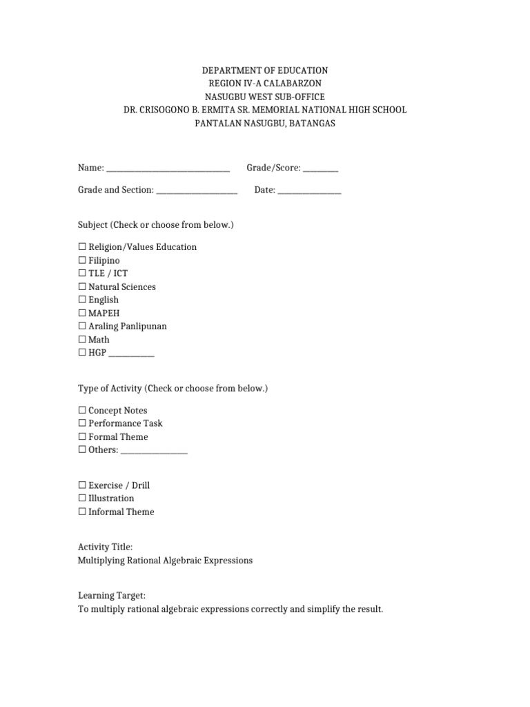 Las Multiplying Rational Algebraic Expressions Pdf