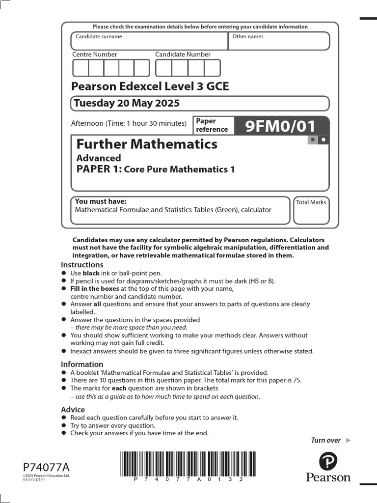 2025 Core Pure Mathematics Paper 1 | PDF | Mathematics | Area
