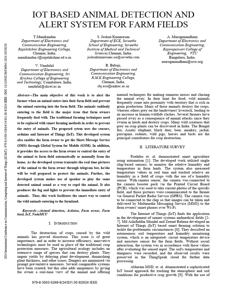 IoT Based Animal Detection and Alert System For Farm Fields | PDF ...
