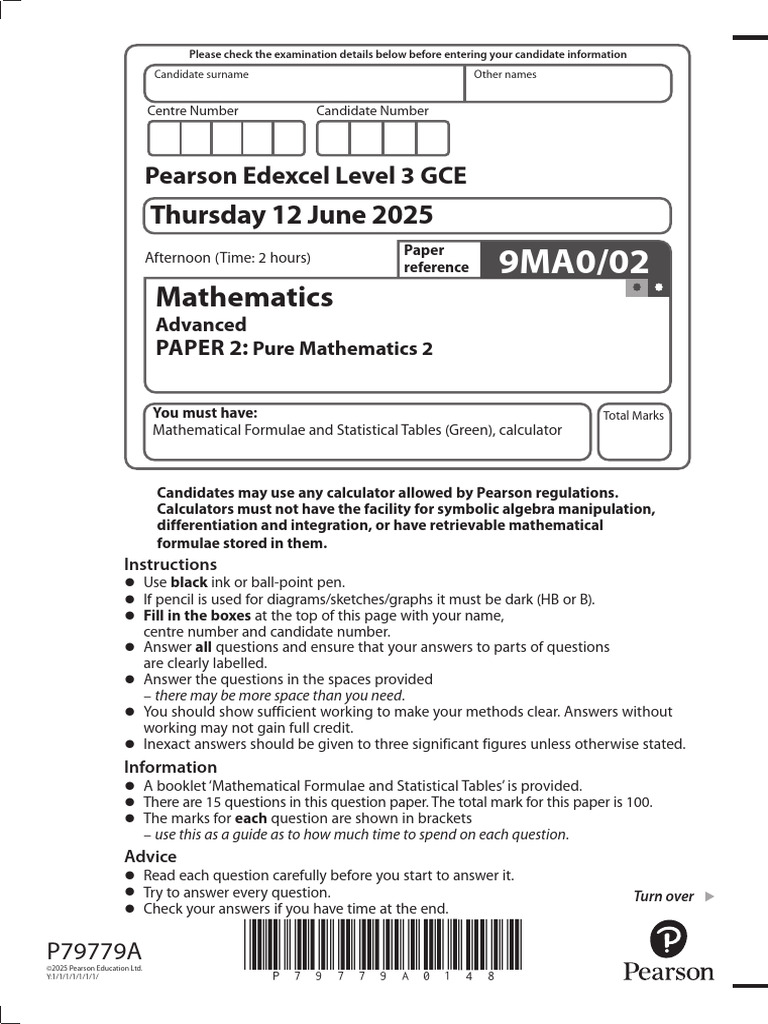 JUNE 2025 PURE PAPER 2 Edexcel | PDF | Area | Mathematics