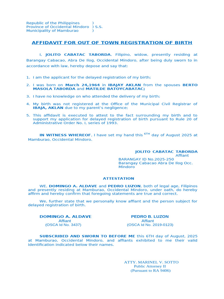 Affidavit for Delayed Birth Registration | PDF | Affidavit | Evidence