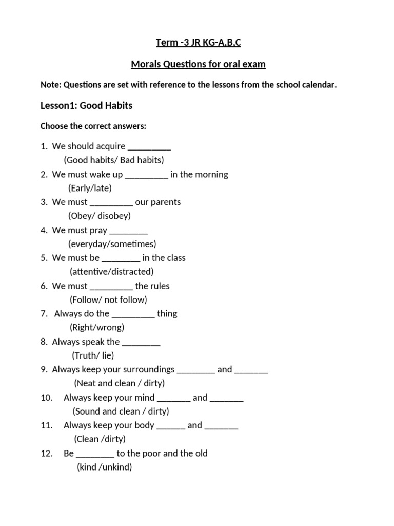 Moral Questions for Junior KG Exam | PDF