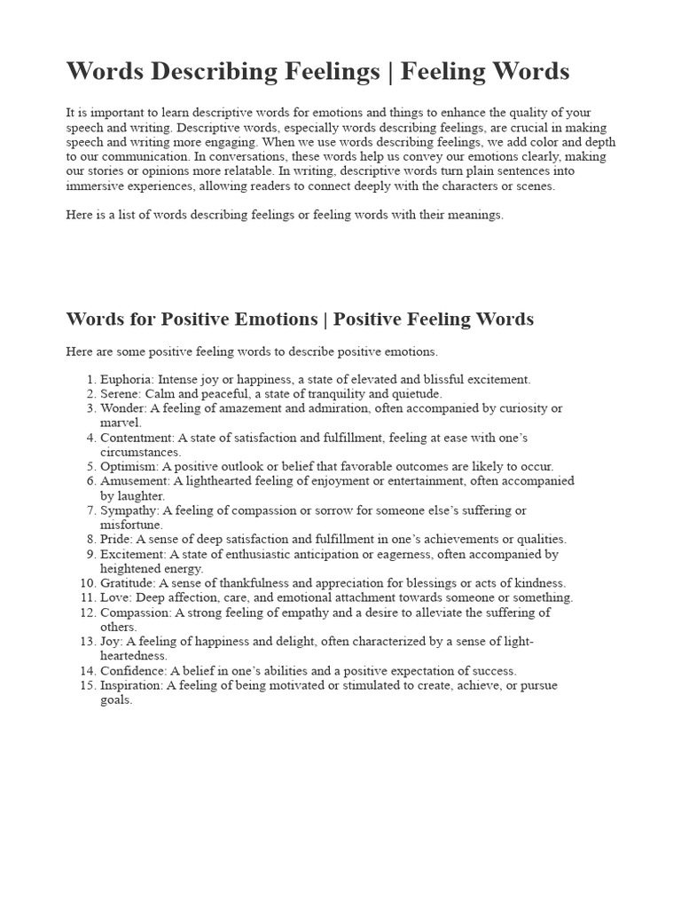Words Describing Feelings - Feeling Words | PDF | Feeling | Anxiety