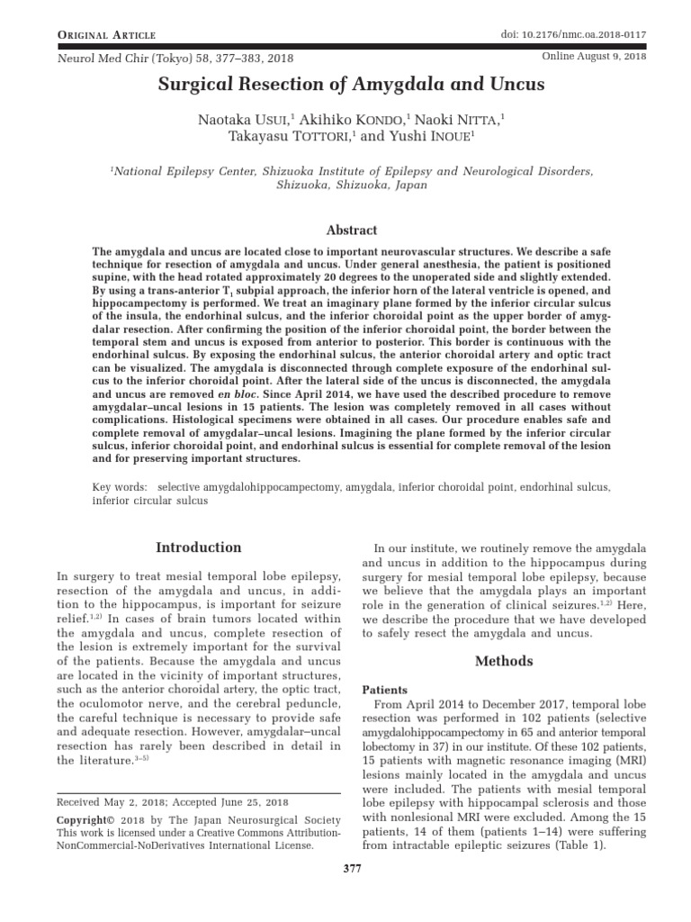 Surgical Resection of Amygdala and Uncus | PDF | Temporal Lobe ...