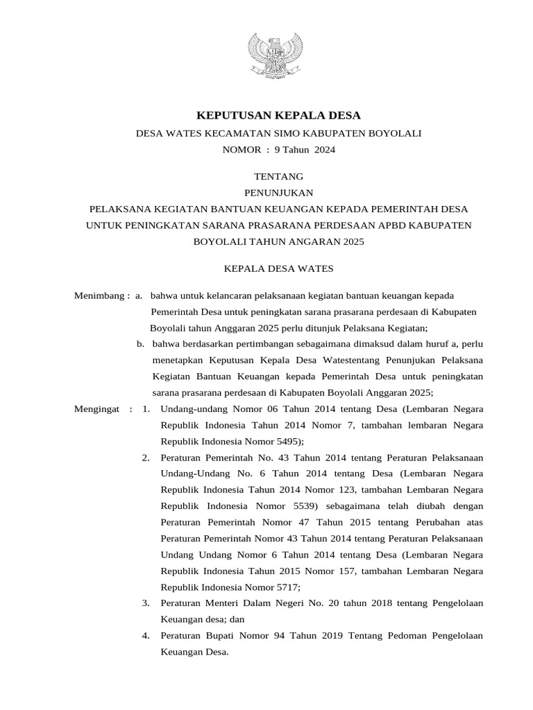 Penunjukan Pelaksana Kegiatan Desa Wates | PDF