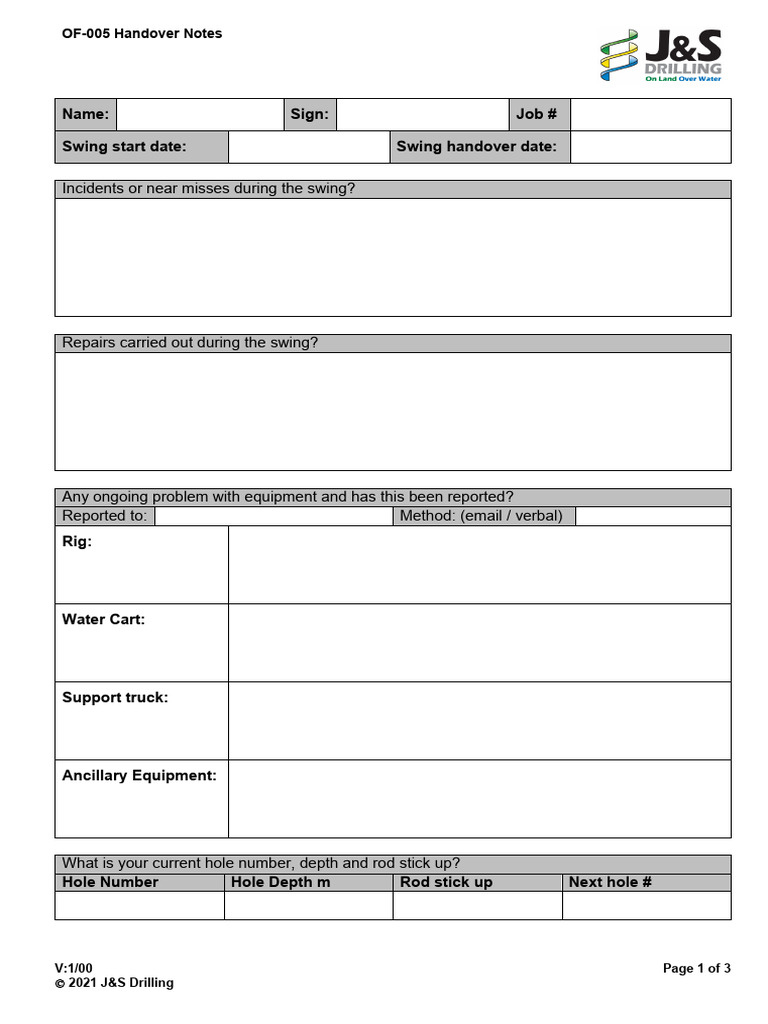 JSD WHS FRM005 Handover Notes | PDF