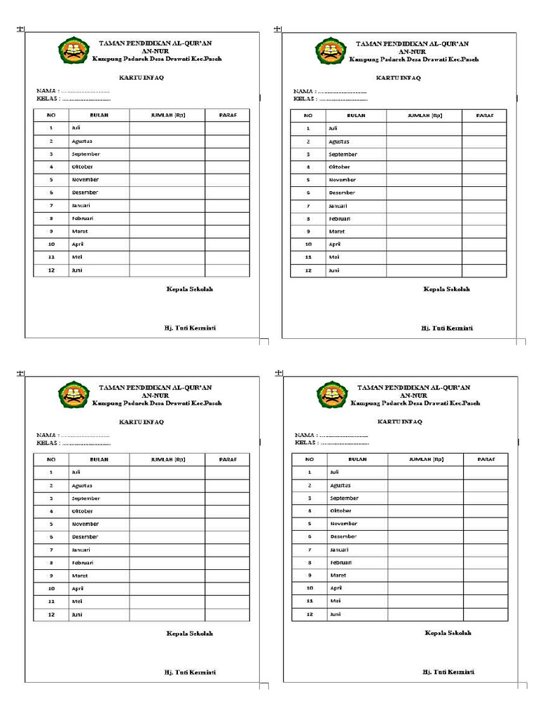 Contoh Kartu SPP TPQ | PDF