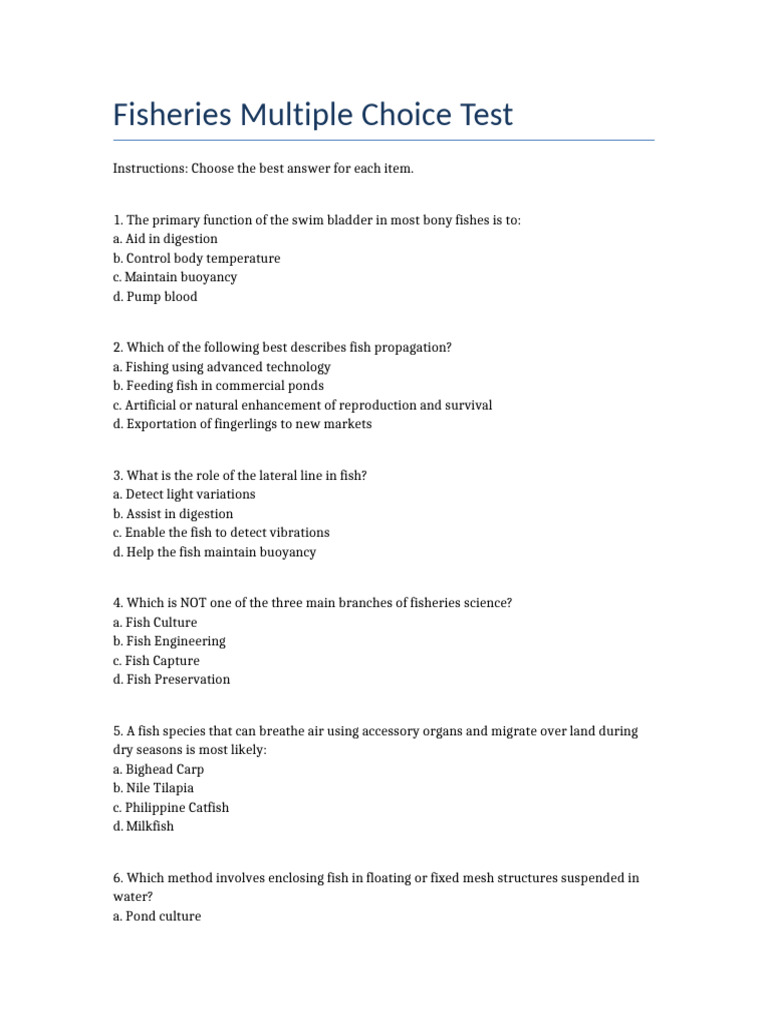 Fisheries Science Multiple Choice Exam | PDF | Fish | Fish And Humans