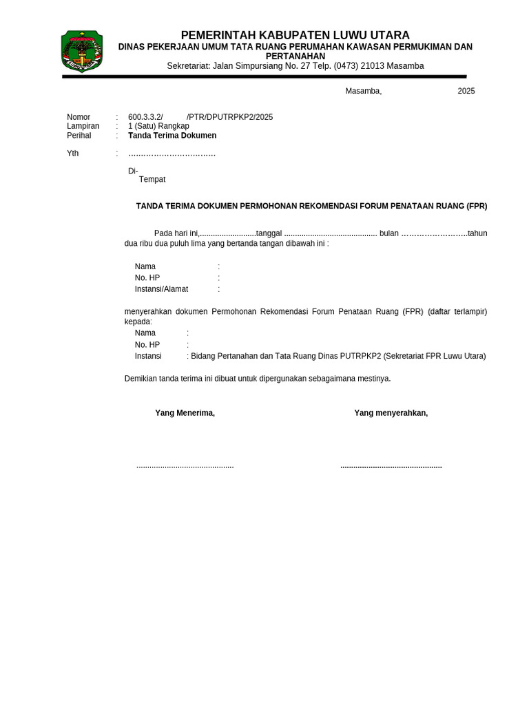 Tanda Terima Dokumen Permohonan Rekom FPR | PDF