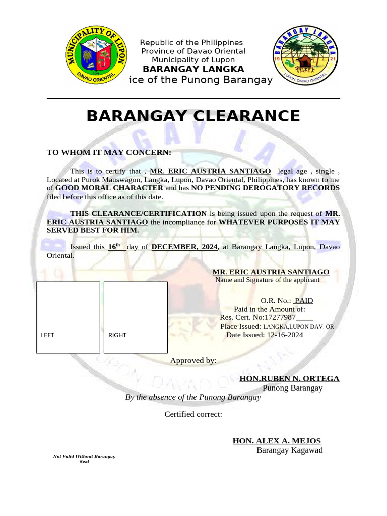 Barangay Clearance for Eric Austria Santiago | PDF
