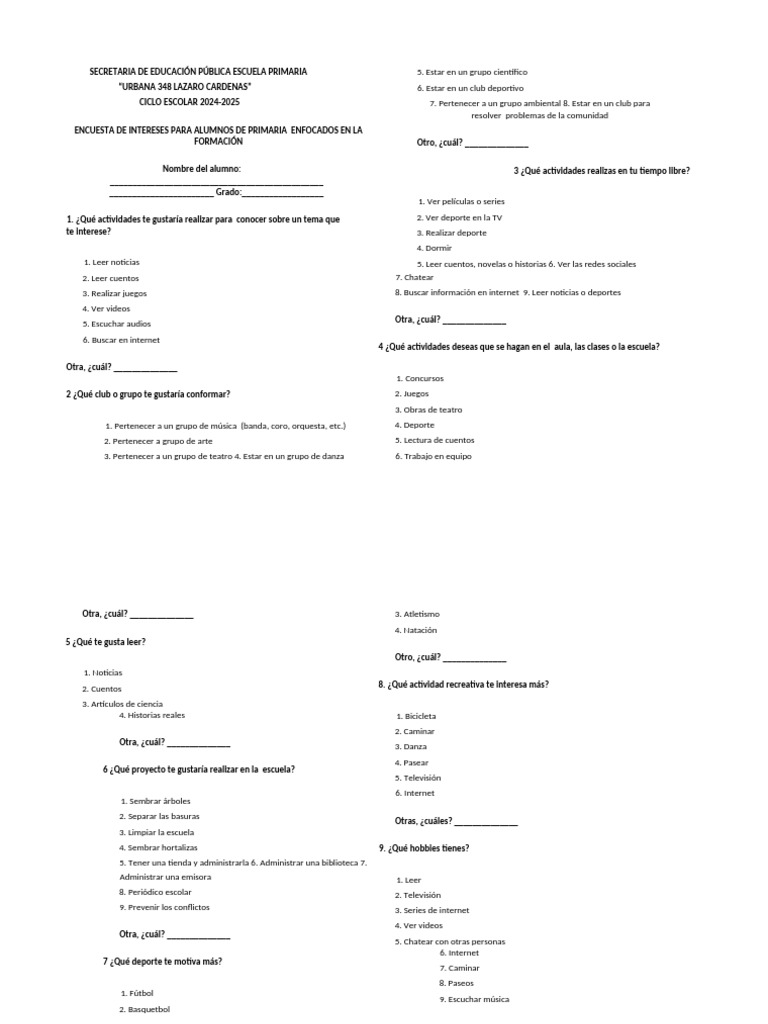 Encuesta de Intereses para Primaria | PDF