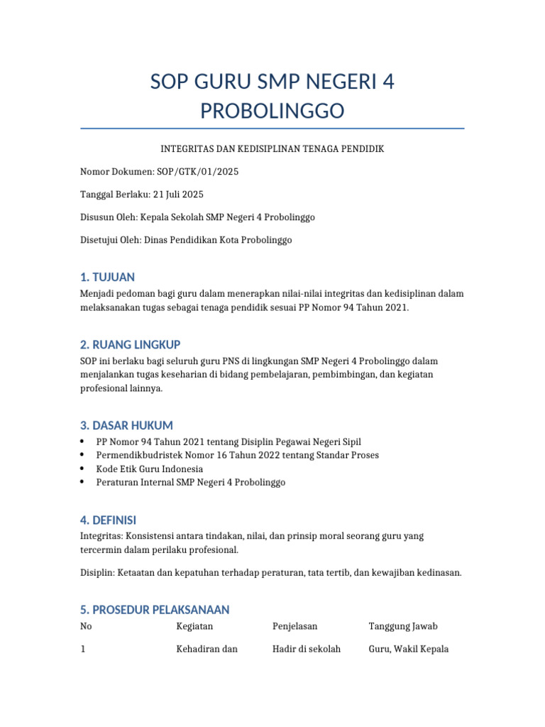 SOP Integritas dan Disiplin Guru SMP 4 | PDF