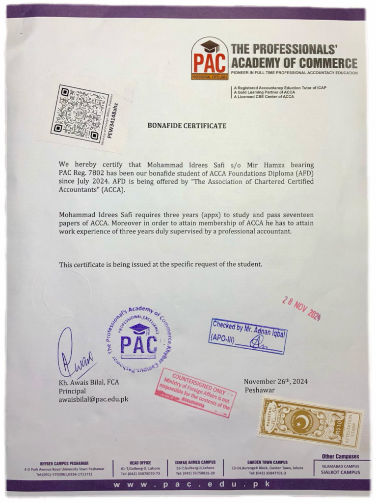 PAC Bonafide Certificate | PDF