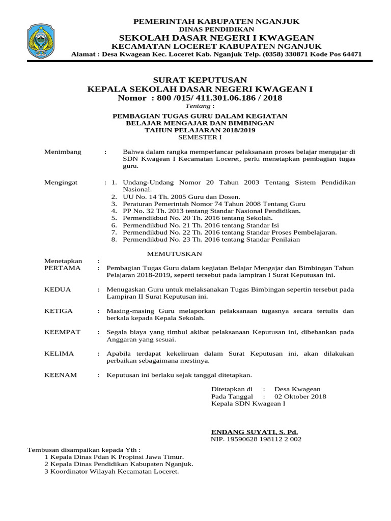 SeKep Pembagian Tugas Belajar Mengajar SEMESTER 1 2018 | PDF