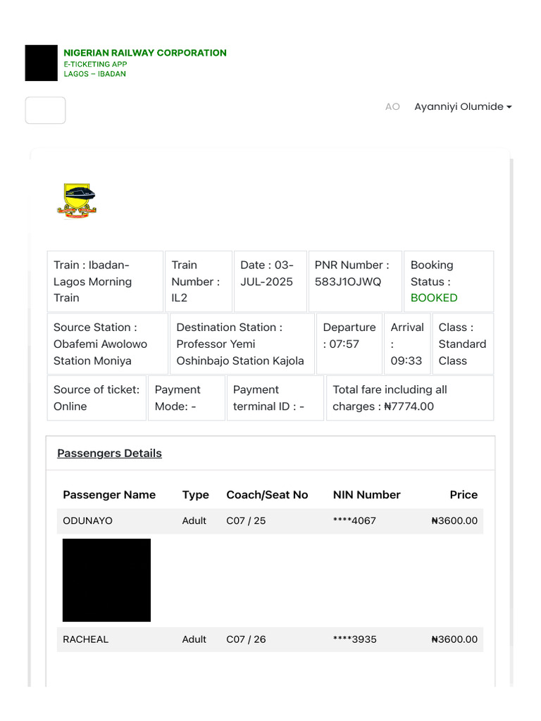 Passengers Details: Passenger Name Type Coach/Seat No NIN Number Price ...