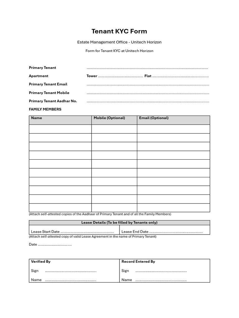 Tenant KYC Form for Unitech Horizon | PDF
