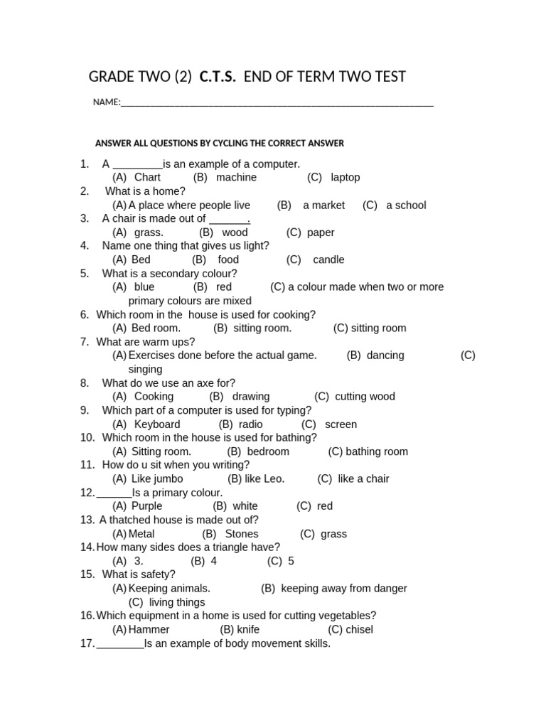 Grade 2 C.T.S Term Two Test | PDF
