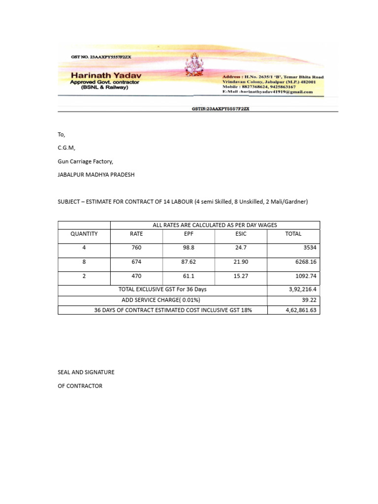 Labour Contract Estimate for Jabalpur | PDF