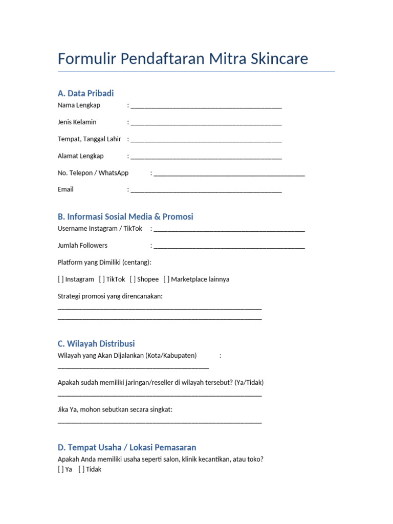 Formulir_Pendaftaran_Mitra_Skincare_Lengkap | PDF