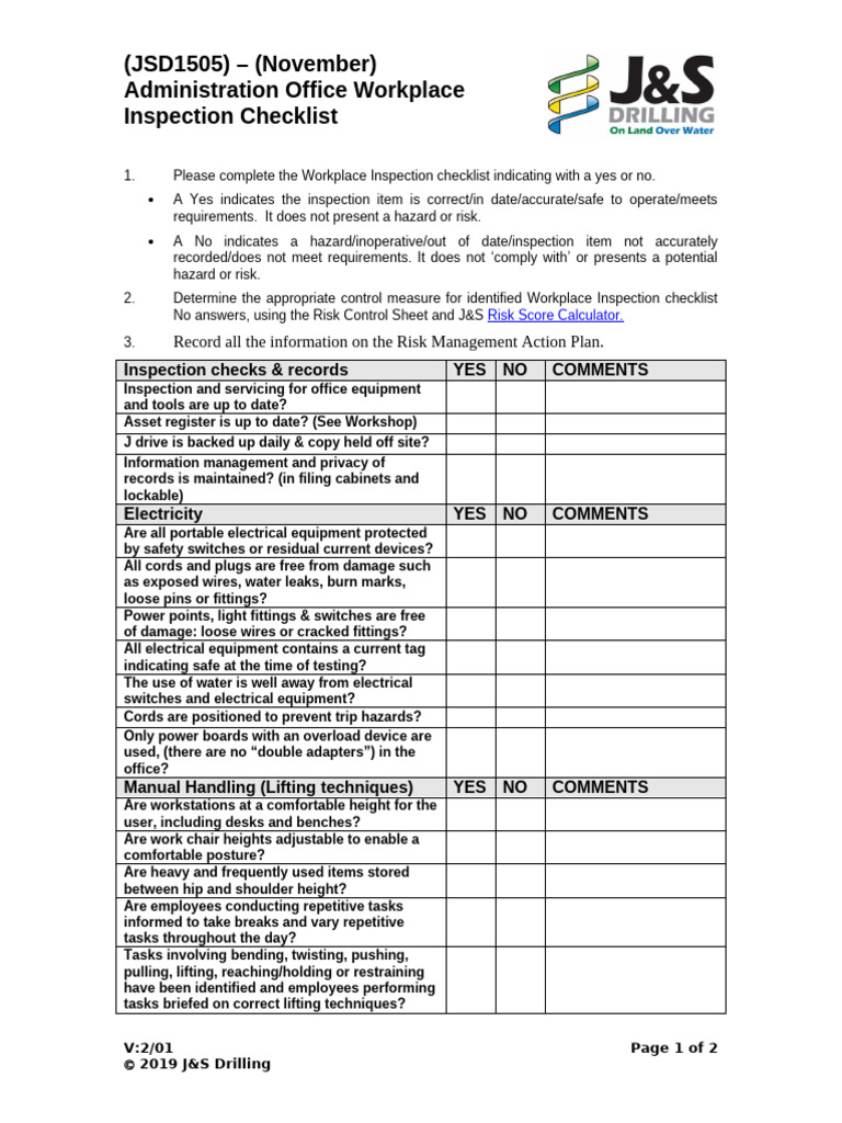 JSD1505 November - Administration Office Workplace Inspection Checklist V2-01 | PDF | Safety