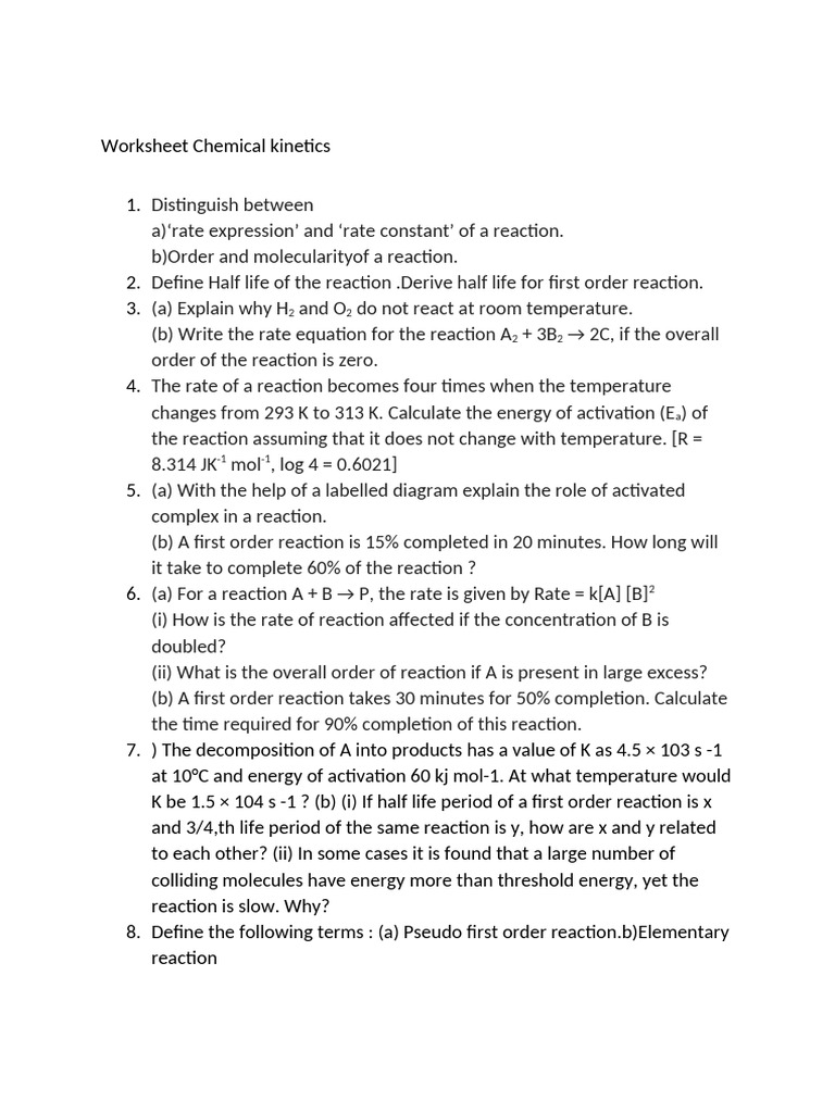 Worksheet Chemical Kinetics | PDF