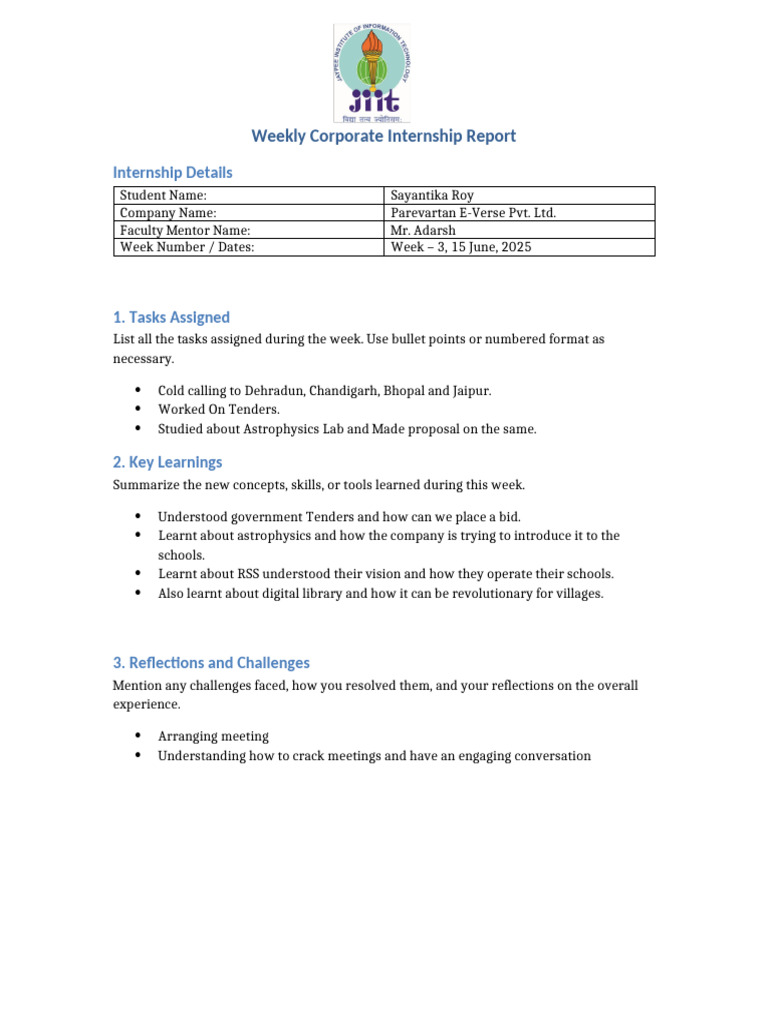 Weekly Corporate Internship Report 15 June 2025 | PDF
