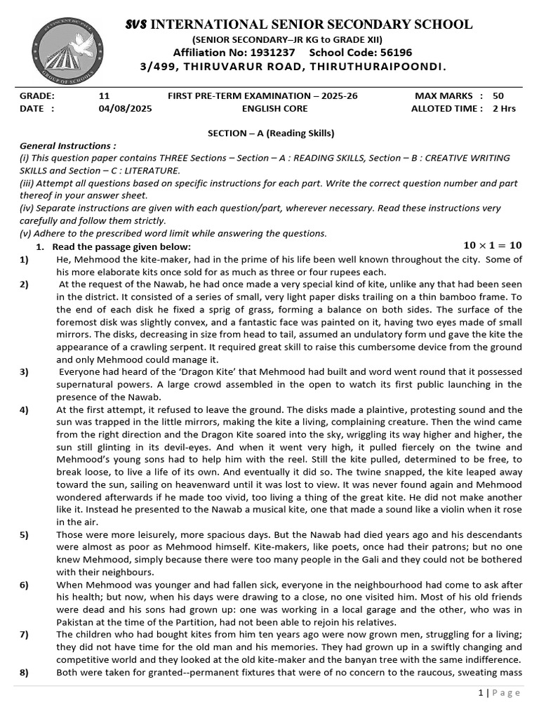 11th Grade English Exam Paper 2025 | PDF | Teachers