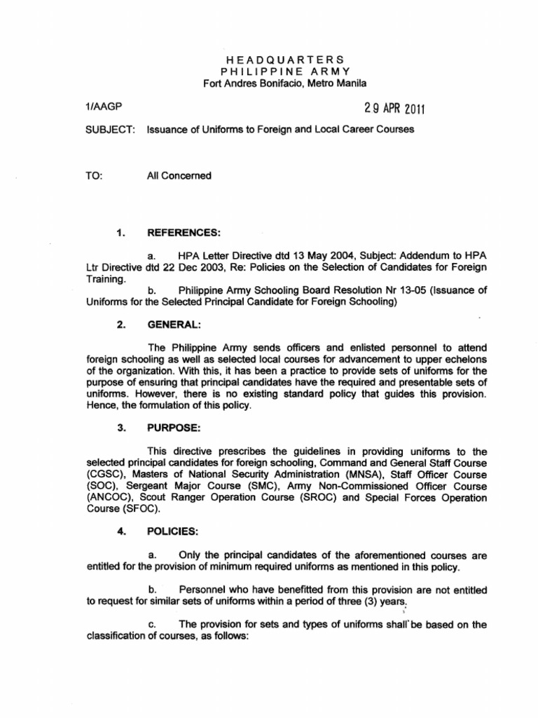 Issuance of Uniforms To Foreign and Local Career Courses 29 | PDF