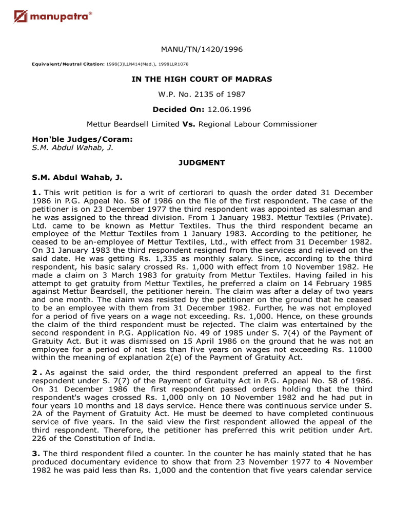 Mettur Beardsell Ltd. Gratuity Case | PDF | Employment | Public Law