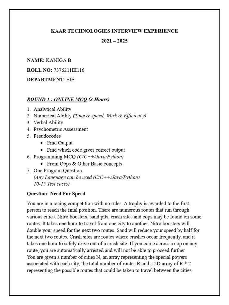 Kaniga B - Kaar Technologies Interview Experience | PDF | Software Engineering | Computer ...
