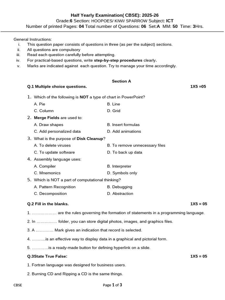 Class 6 ICT Half Yearly Exam 2025 | PDF | Computer File | Assembly Language