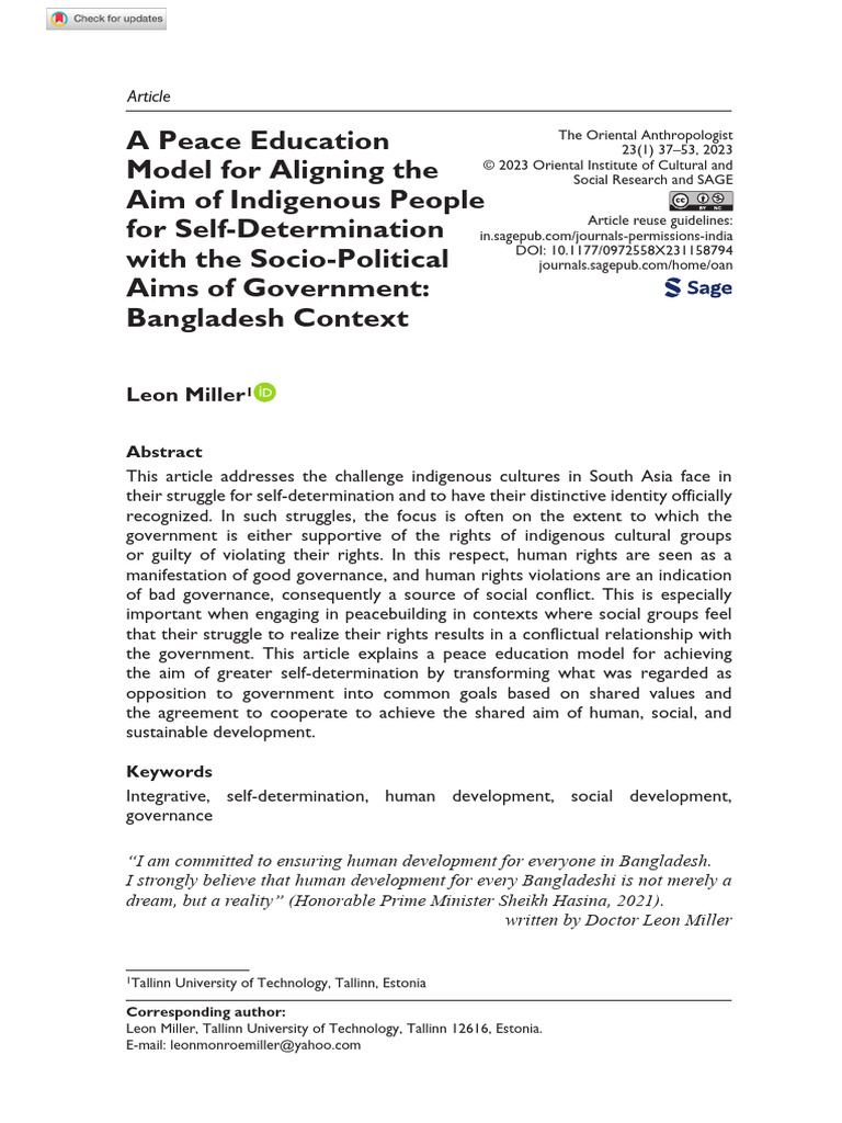 Peace Education Model for Aligning the Aim of Indigenous People for ...