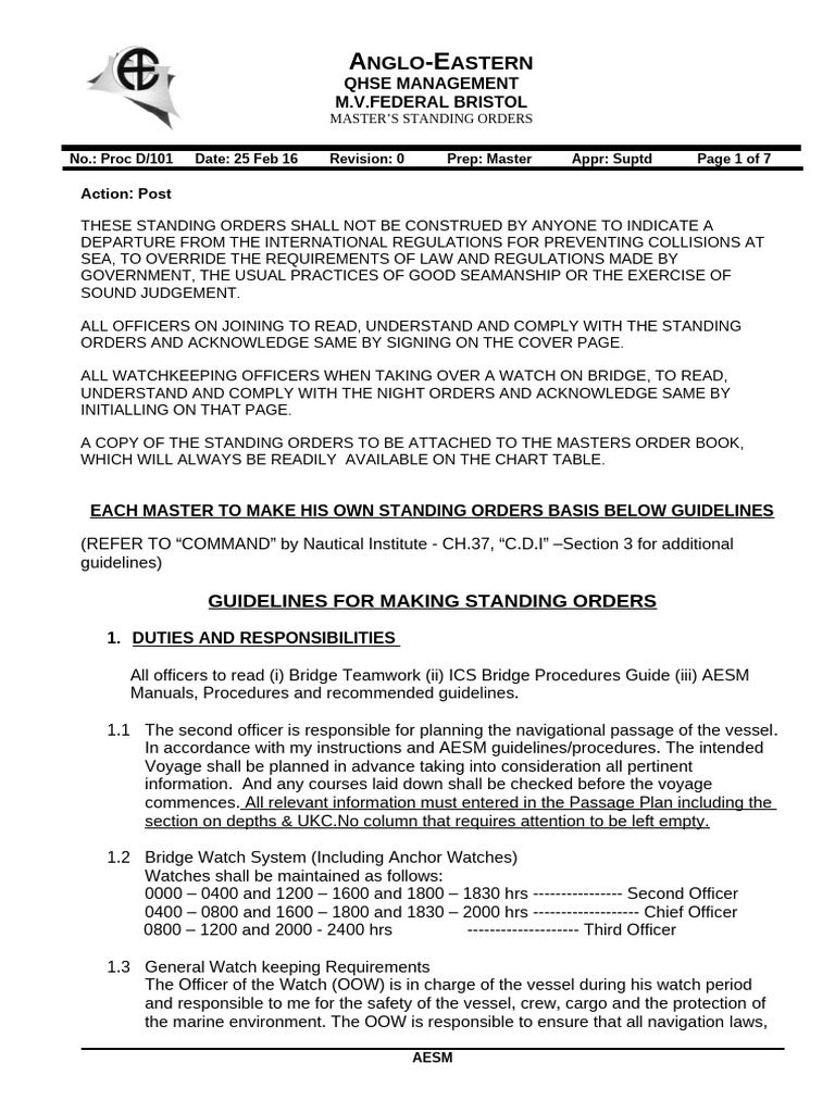 Master’s Standing Orders No. 101 | PDF | Navigation | Shipping