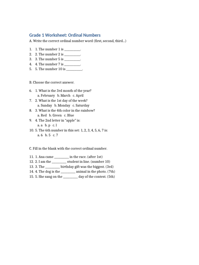Grade 1 Ordinal Numbers Worksheet | PDF