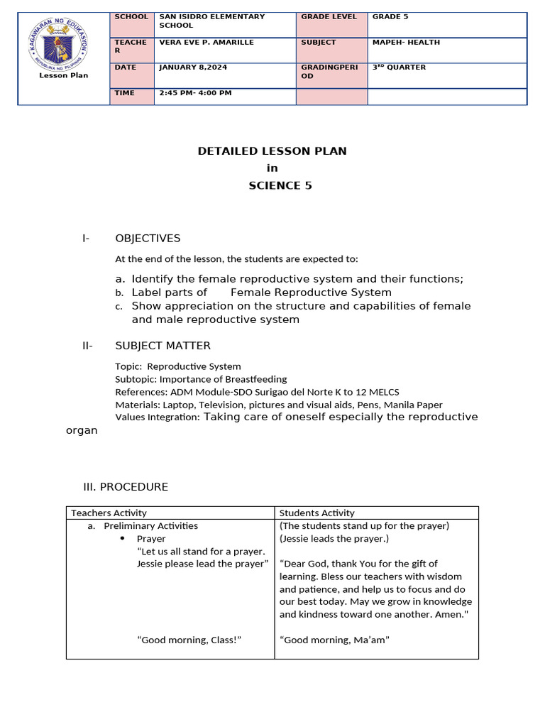 Grade 5 Science Lesson on Reproductive System | PDF | Reproductive ...