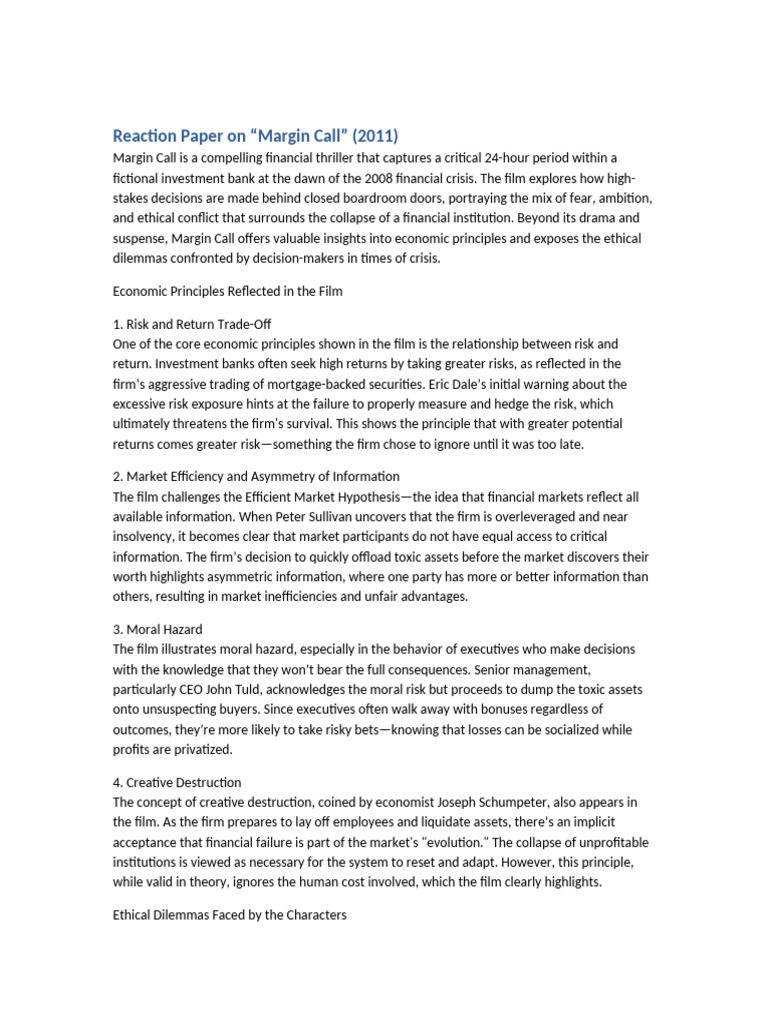 Reaction Paper Margin Call | PDF | Risk | Moral Hazard