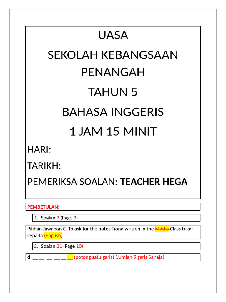 Muka Depan Kertas Soalan | PDF