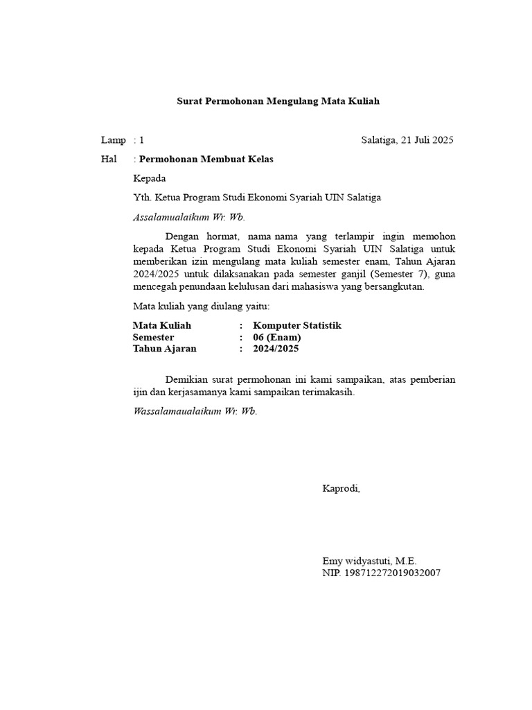 Permohonan Mengulang Mata Kuliah Ekonomi | PDF