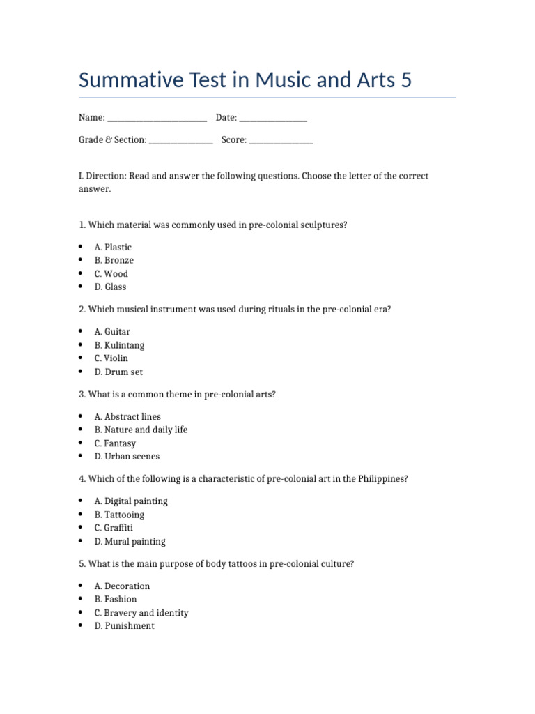 Summative Test: Music and Arts 5 | PDF | Dances | Paintings
