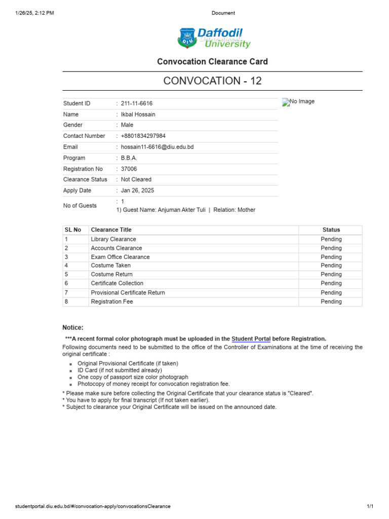Convocation Clearance Card for DIU Students | PDF | Authentication ...