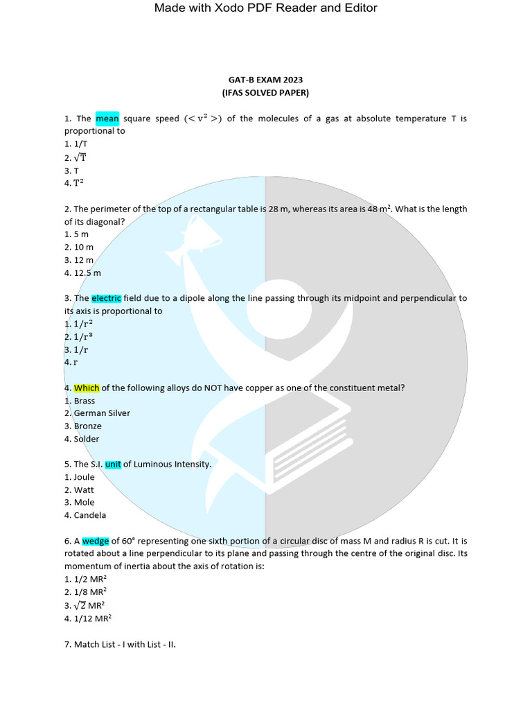 GAT-B EXAM 2023 (Ifas Solved Paper) | PDF | Influenza | Dna