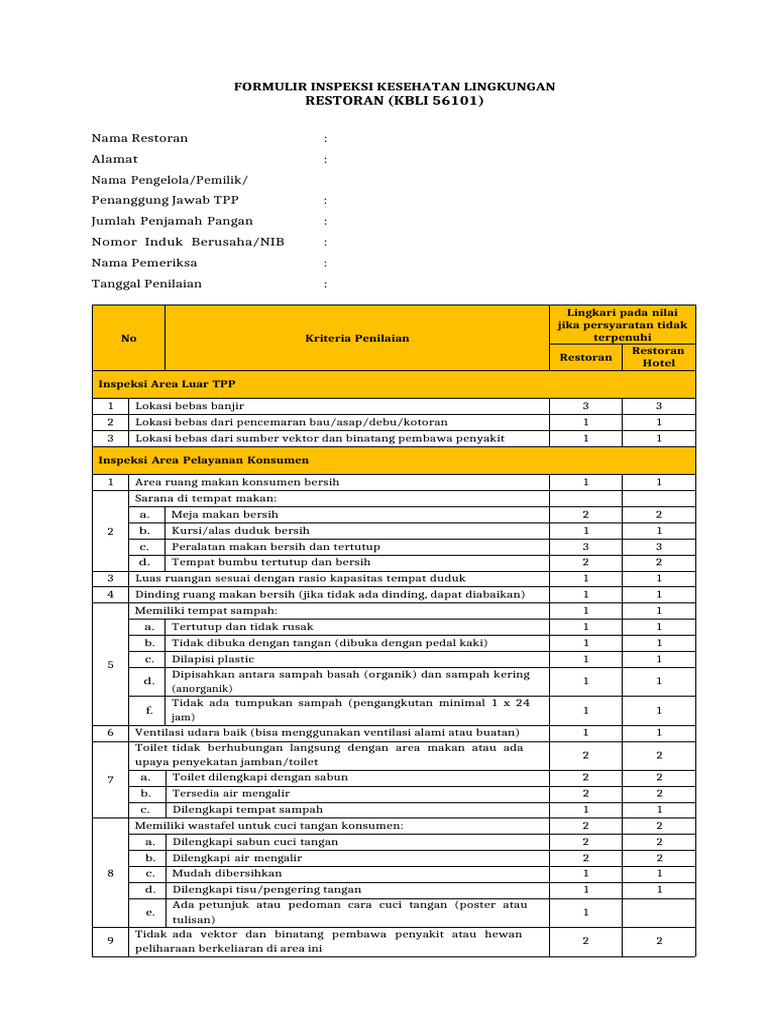 Formulir Penilaian Slhs Restoran | PDF