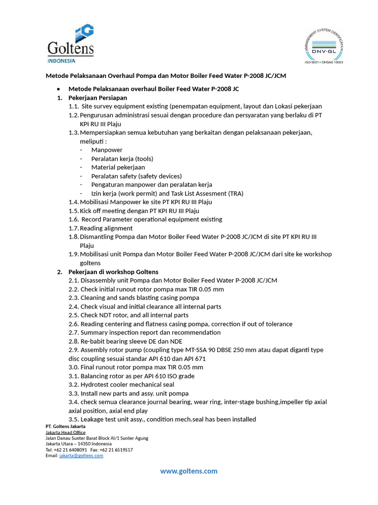 Metode Pelaksanaan Overhaul Pompa Dan Motor | PDF