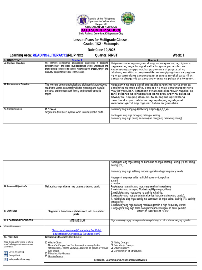 MG Day 4 Lesson Plan g1g2 Reading 1 Fil2 | PDF