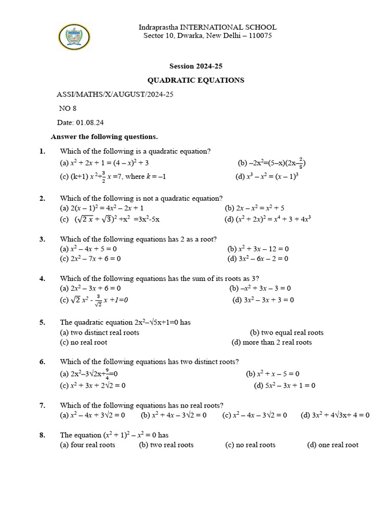 Quadratic Equations Practice Questions | PDF | Equations | Quadratic ...